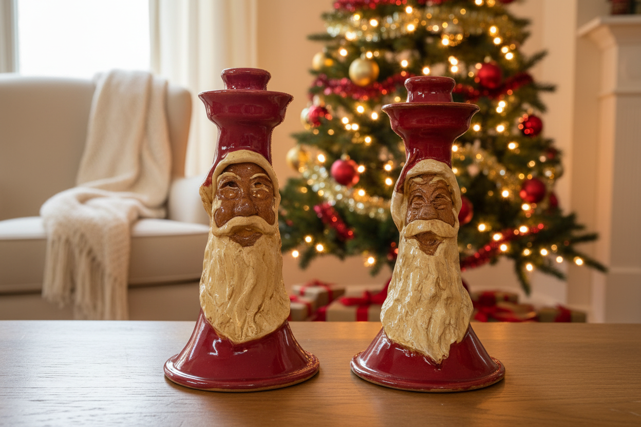Santa claus candlestick pottery handmade sculpted – Traditions Pottery